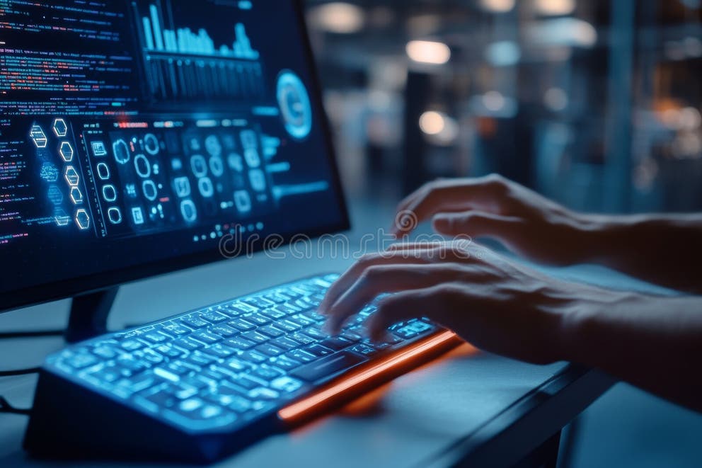 In a Modern Workspace, a Programmer Types on a Virtual Keyboard ...