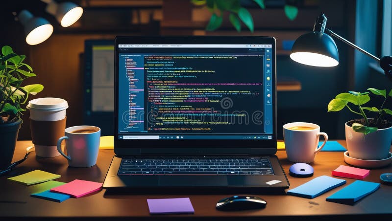 Modern Workspace with Programming Code on a Laptop Stock Illustration ...