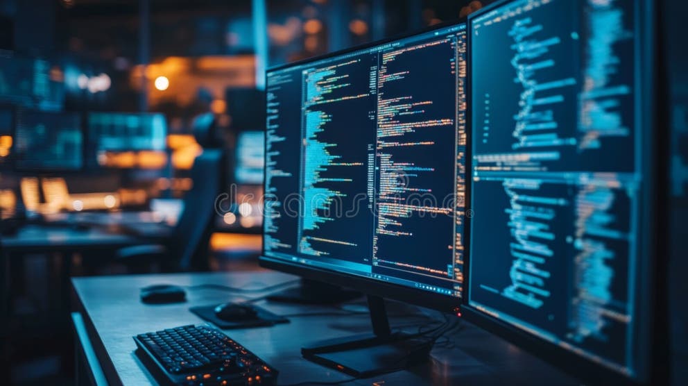 Modern Workspace with Programming Code on Multiple Monitors Stock Illustration - Illustration of ...