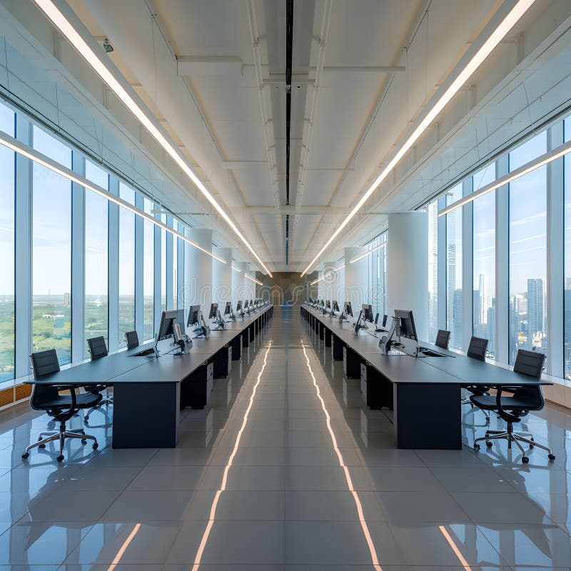 Sleek Desks in Modern Workspace with Expansive Windows and Polished ...