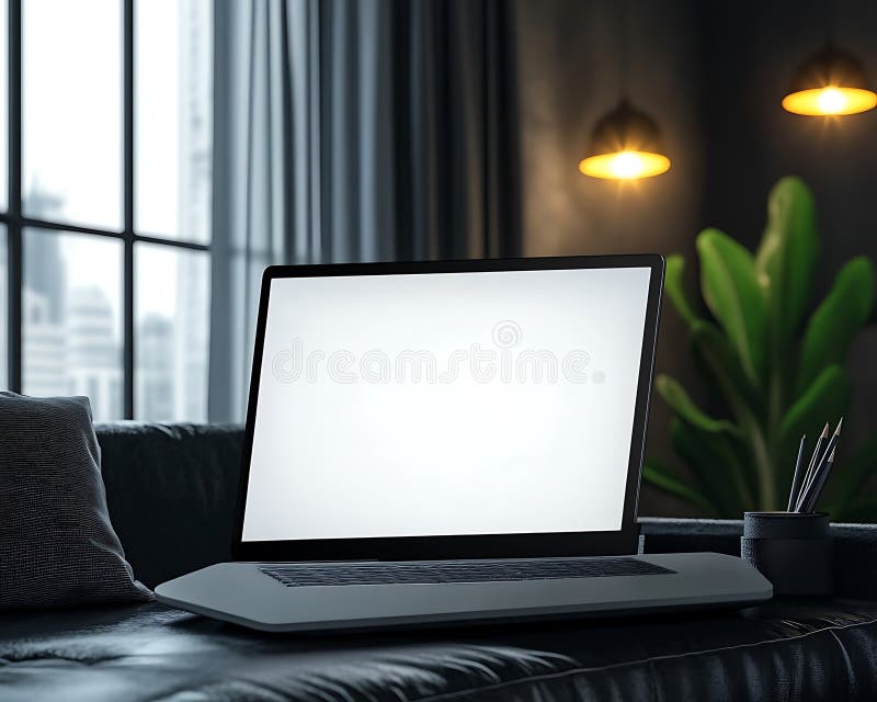 Modern Workspace Setup with Blank Laptop Screen and Dark Grey Stock ...