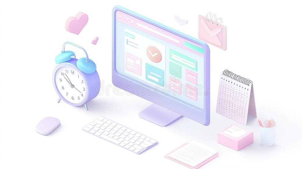 Modern Workspace Setup with a Computer, Clock, Calendar, and Organizing ...