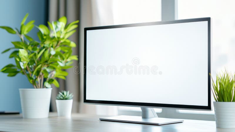 Modern Workspace Setup with Computer Monitor and Vibrant Green Plant ...