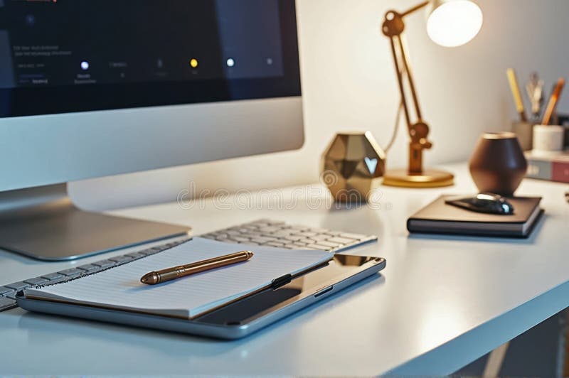 Modern Workspace Setup with Computer and Office Supplies Stock Photo ...