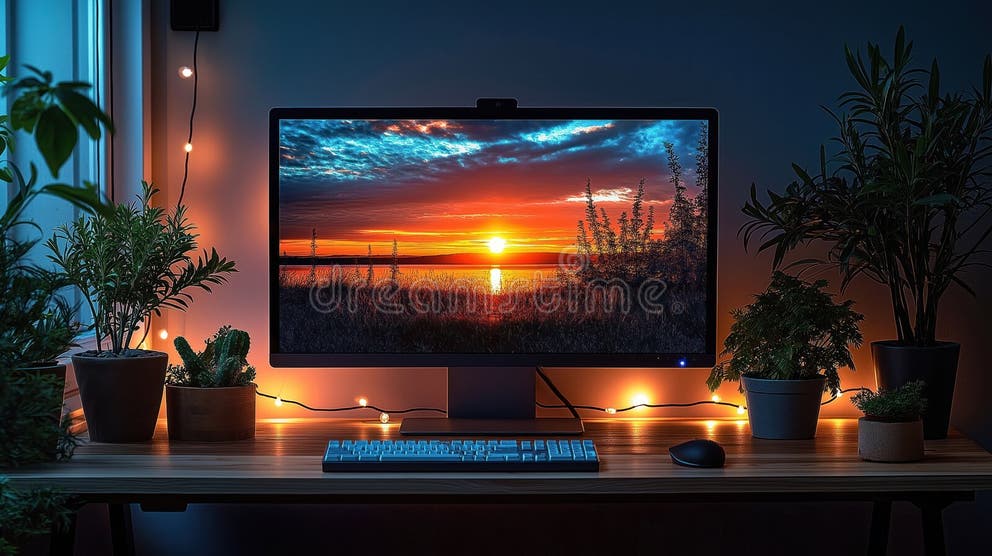 Modern Workspace Setup Features Computer Screen Displaying Sunset Scene ...