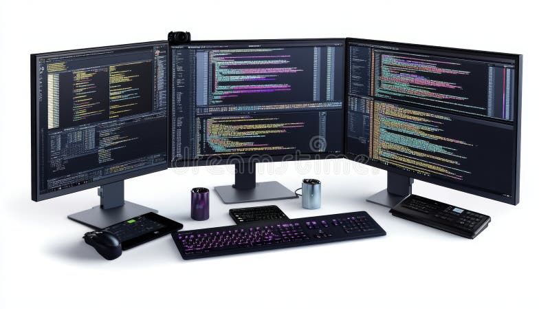A Modern Workspace Setup Featuring Multiple Screens Programming Code Is Displayed On Vibrant