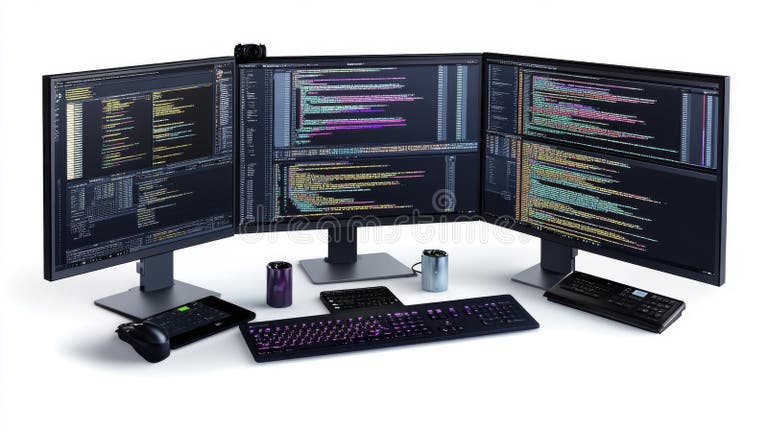 A Modern Workspace Setup Featuring Multiple Screens. Programming Code is Displayed on Vibrant ...