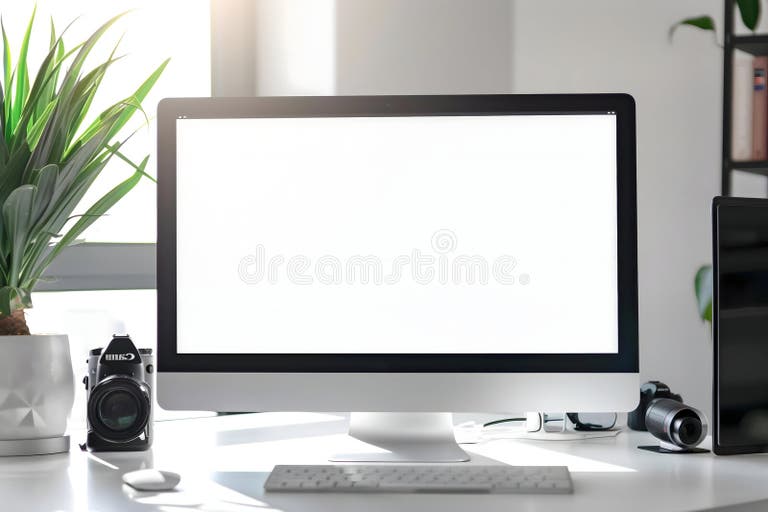 Modern Workspace Setup: IMac, Camera, and Minimalist Decor Stock ...