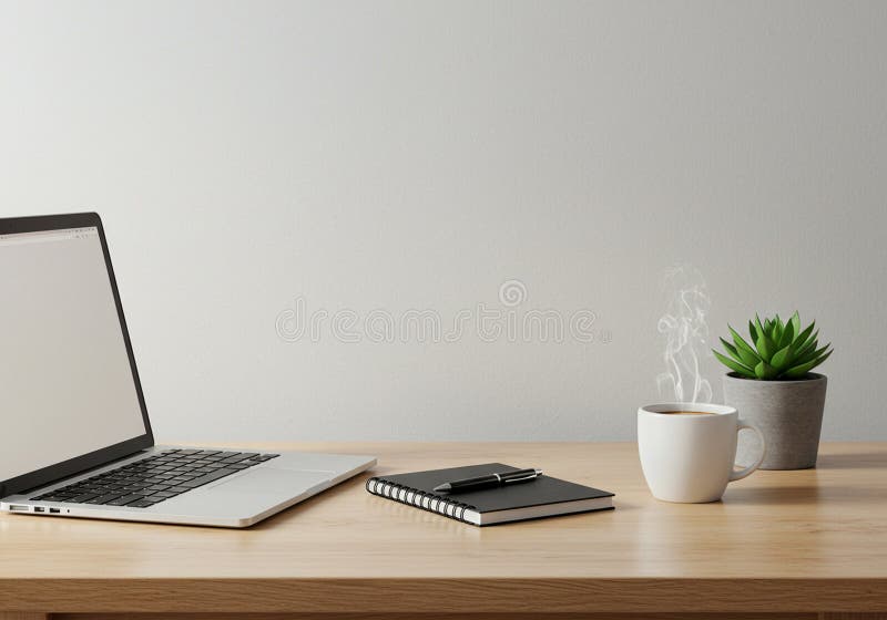 Modern Workspace Setup: Laptop, Coffee, and Notebook on Wooden Desk ...