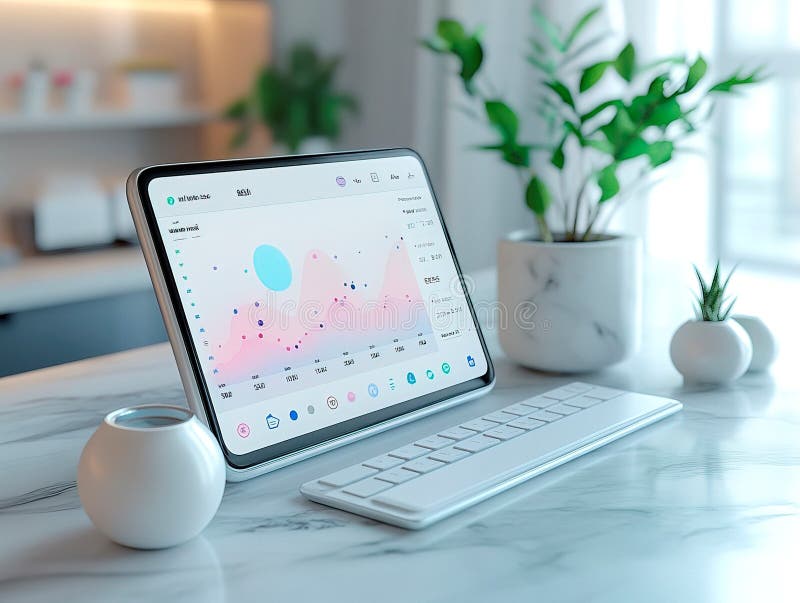 A Modern Workspace Setup on a Light Desk, Featuring a Tablet Displaying ...