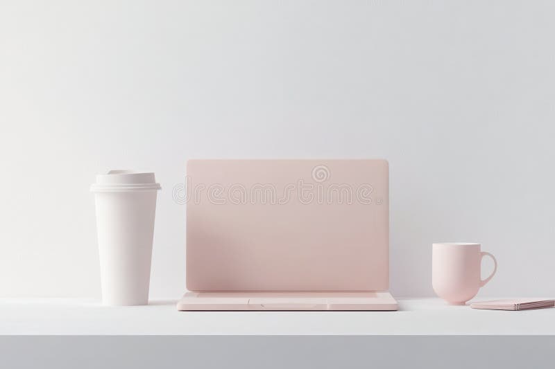 A Modern Workspace Setup with a Pastel Pink Laptop, Notebook, and ...