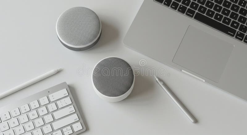Modern Workspace Setup with Smart Speakers, Laptop, and Keyboard Stock ...