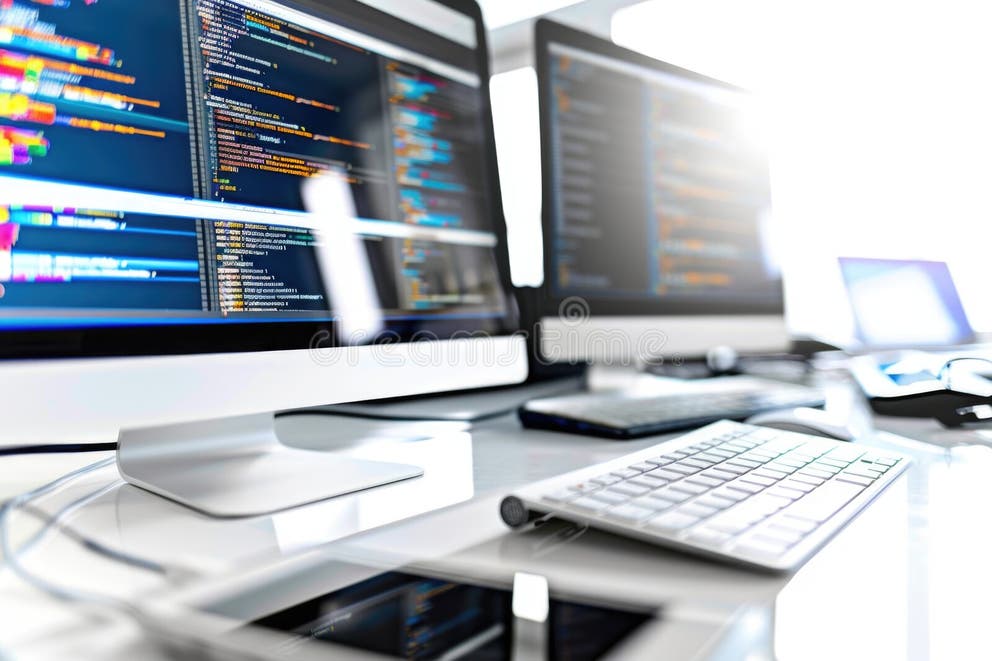 A Modern Workspace Setup with Two Computer Screens and a Typing Device ...