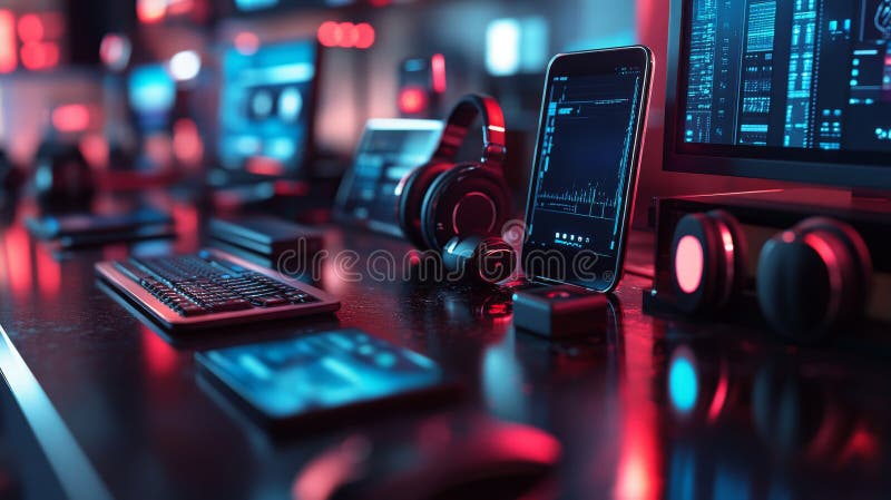 High-tech Workspace Featuring Various Electronic Devices in Vibrant ...