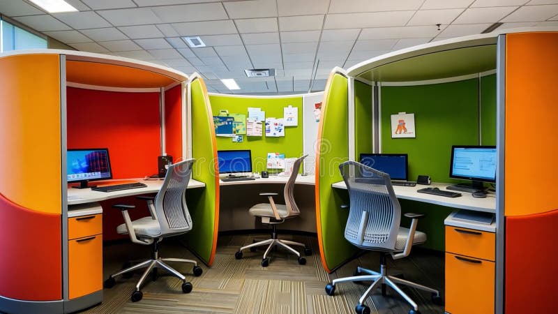 Modern Office Workspace Featuring Colorful Cubicles and Computers in a ...