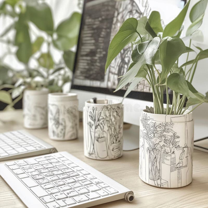 Creative Workspace Featuring Decorative Planters and a Modern Computer ...