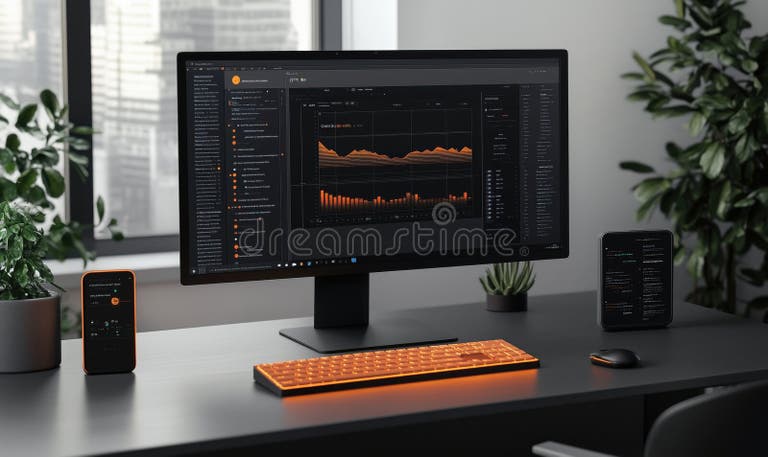 Modern Workspace with Sleek Computer Setup Featuring Data Analytics ...
