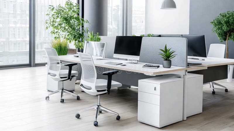Modern Workspace with Sleek Design and Greenery in Bright Office ...