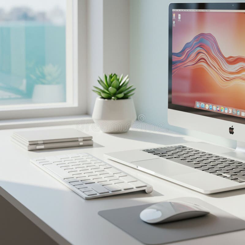 Modern Workspace with a Sleek Desktop Computer Featuring a Vibrant ...