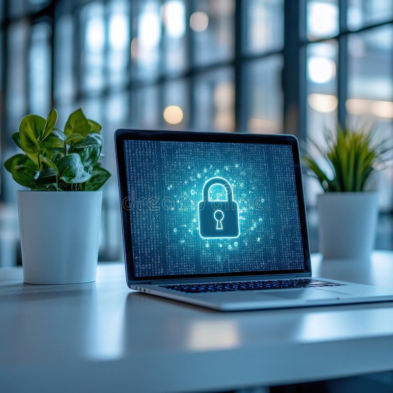 Modern Workspace with Sleek Laptop and Security Focus Stock ...