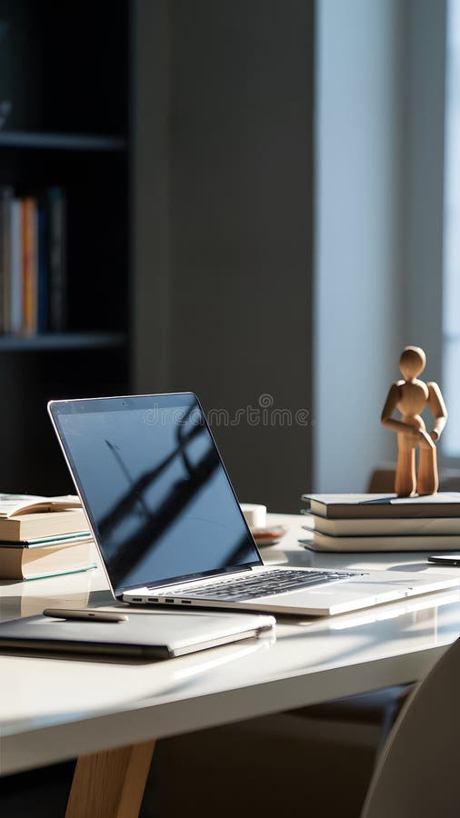 Modern Workspace with Sleek Laptop, Stack of Books, Blurred Bookshelf ...