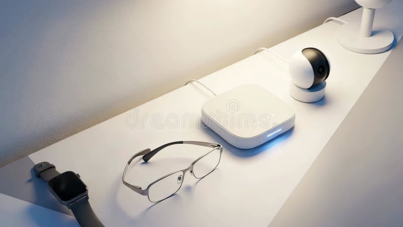 Modern Workspace with Smart Devices, Glasses, and Smartwatch on a Sleek ...