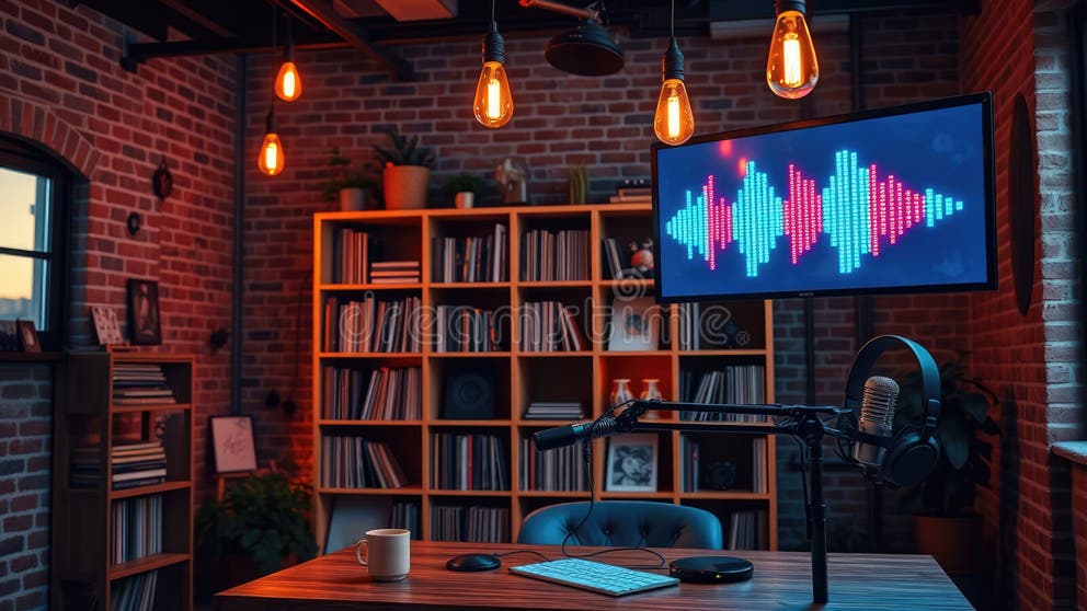 Modern Workspace with Sound Visualization and Recording Equipment in a ...