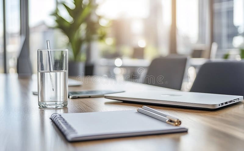 Modern Workspace Still Life: Laptop, Notepad, and Refreshing Glass of ...