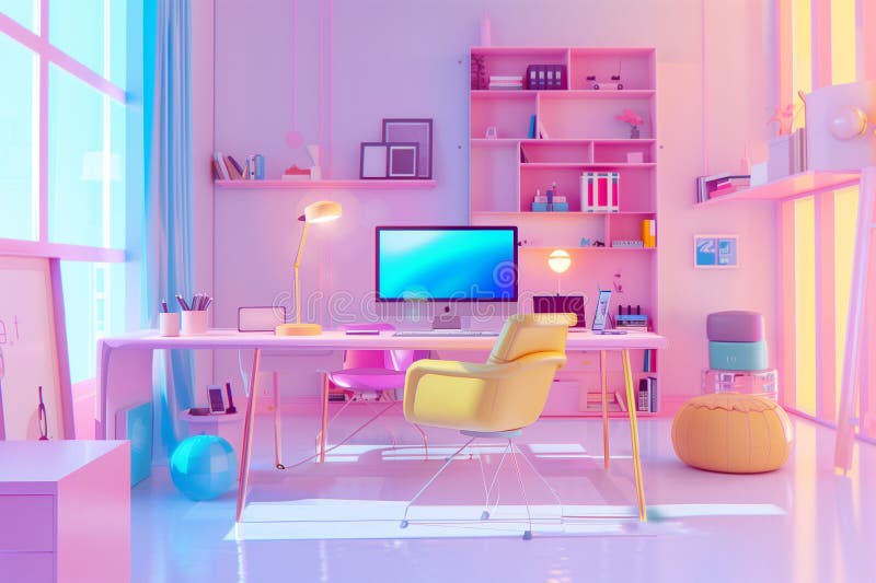 Modern Workspace or Study Desk with Computer in Colorful Design. Stock ...
