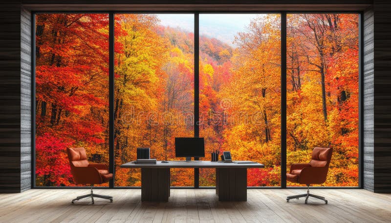 Modern Workspace with a Stunning Autumn View in a Serene Setting Stock ...
