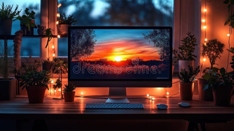 Modern Workspace with Sunset Wallpaper on Computer Screen. Warm ...