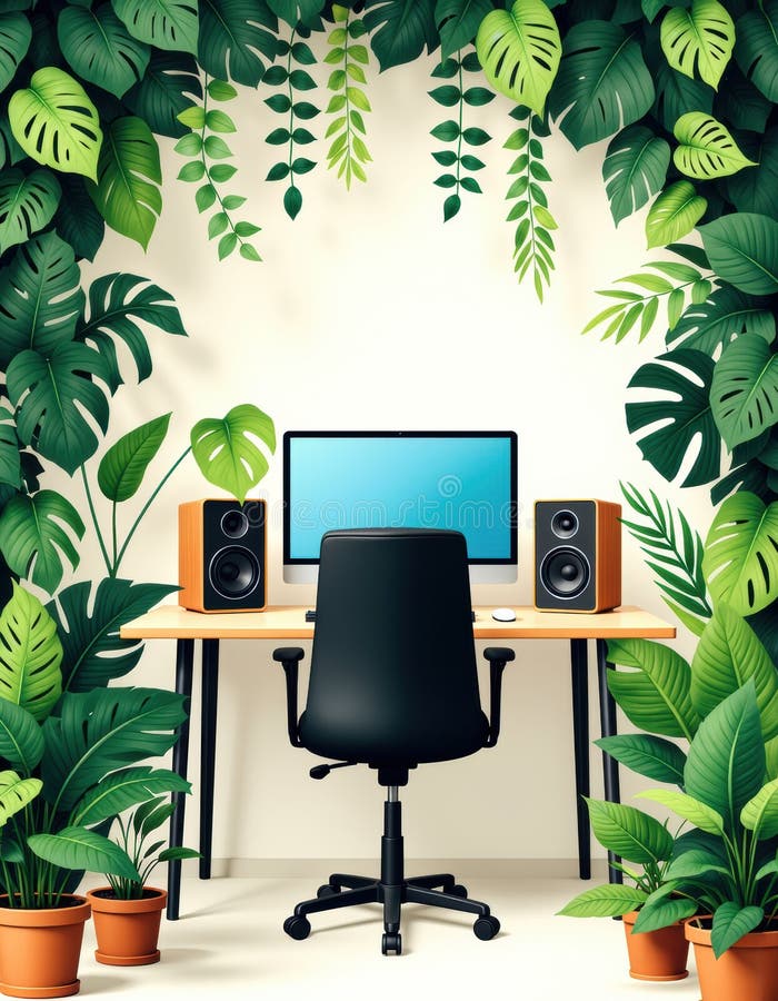 Modern Workspace Surrounded by Lush Greenery and Vibrant Plants Stock ...