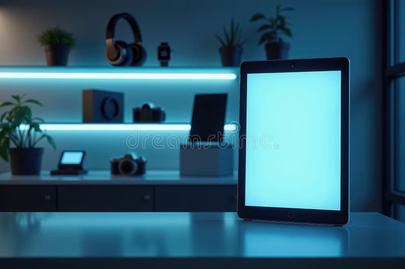 Modern Workspace with Tablet on Desk in Stylish Room Illuminated by ...