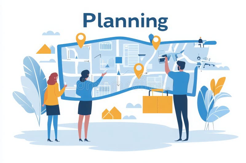 People Engaged in Planning Activities with a Large Map and Various ...