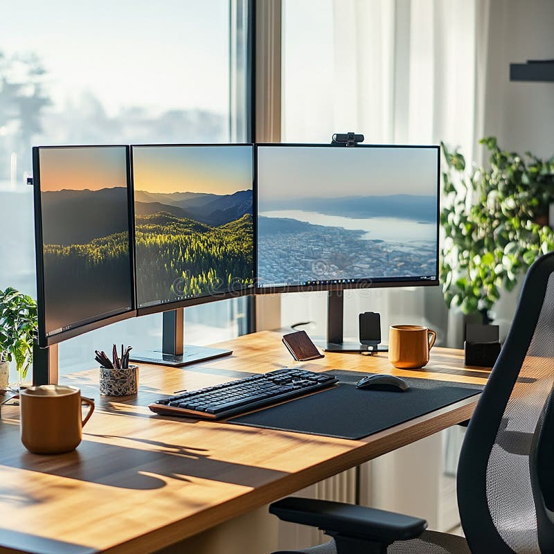 Modern Workspace with Three Monitors and a Scenic View of Mountains at ...