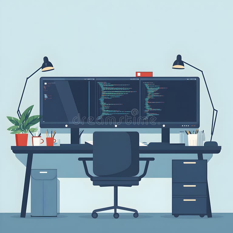 Modern Workspace with Triple Monitor Setup for Coding Stock Illustration - Illustration of room ...