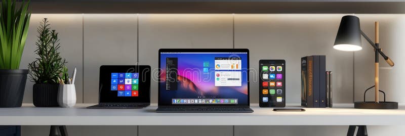 A Modern Workspace with Two Laptops and a Tablet Displaying Colorful ...