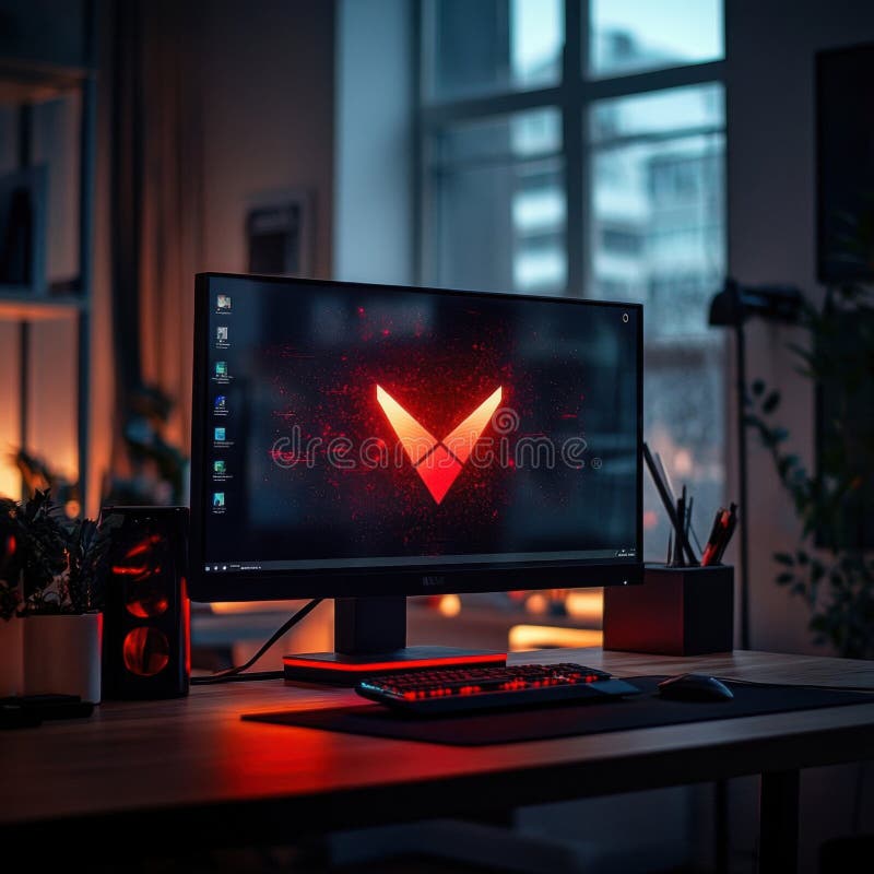 Modern Workspace with Vibrant Computer Screen Stock Illustration ...