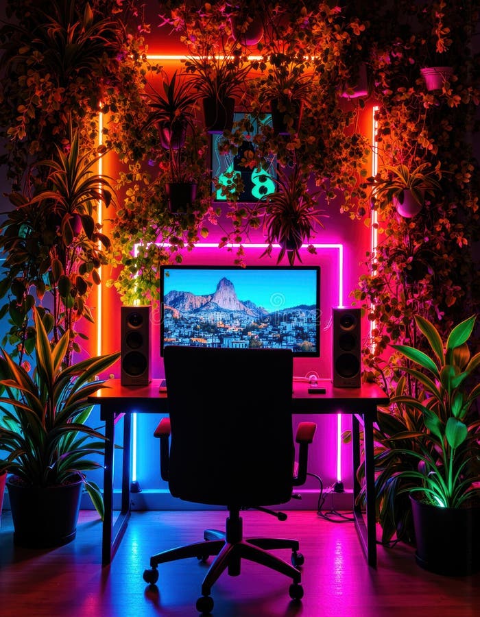 Modern Workspace Vibrant Neon Lights Lush Plants Creating Cozy ...