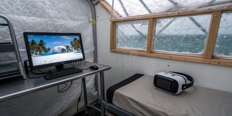 Modern Workspace with VR Headset and Ocean View in Minimalistic Setting ...