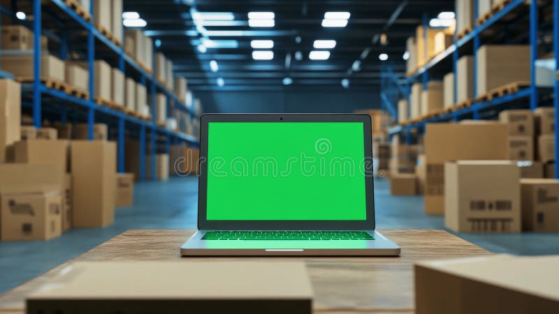 Modern Workspace in a Warehouse with a Laptop and Cardboard Boxes Set ...