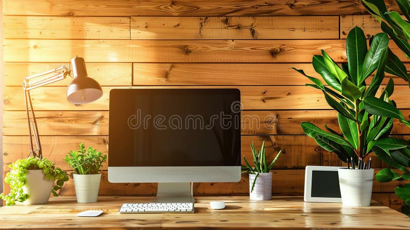 Modern Workspace with Wooden Background and Plants Stock Illustration ...