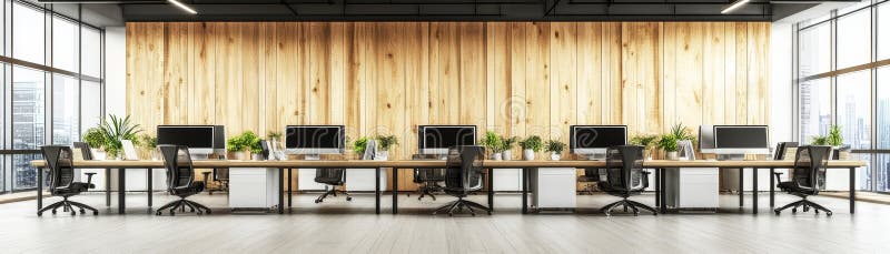 Modern Workspace in Wooden Room with Two Computer Setup Creating Cozy ...