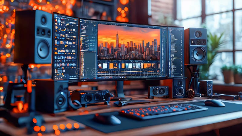 A Modern Workstation with a Computer, Speakers, and a Professional ...