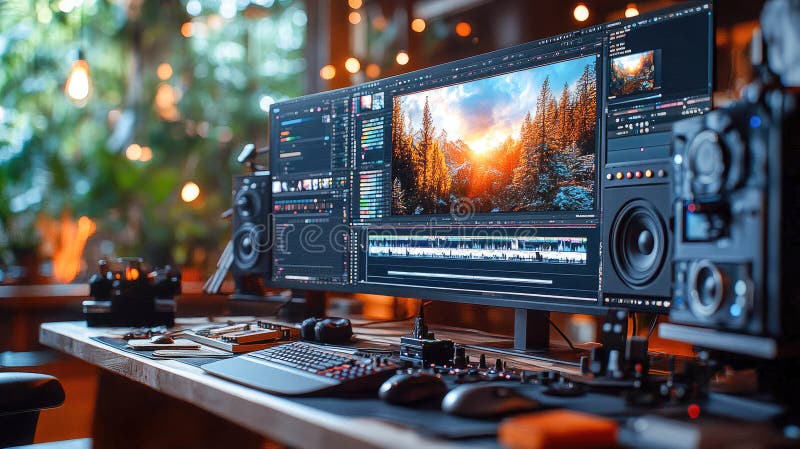 A Modern Workstation with a Computer, Speakers, and a Professional ...