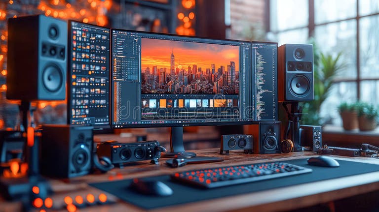 A Modern Workstation with a Computer, Speakers, and a Professional ...