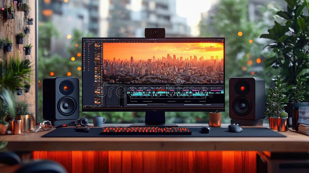 A Modern Workstation with a Computer, Speakers, and a Professional ...