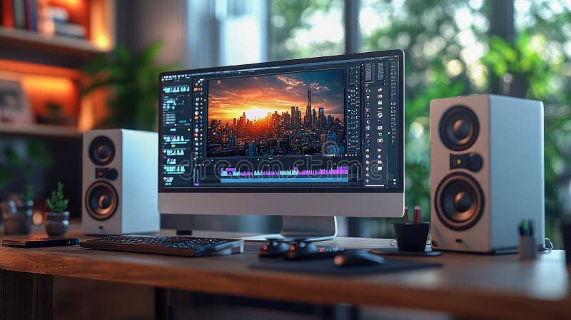 A Modern Workstation with a Computer, Speakers, and a Professional ...