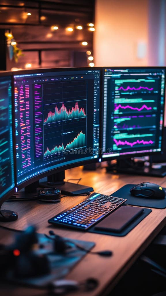 A Modern Workstation with Dual Monitors Showcasing Dynamic Data ...