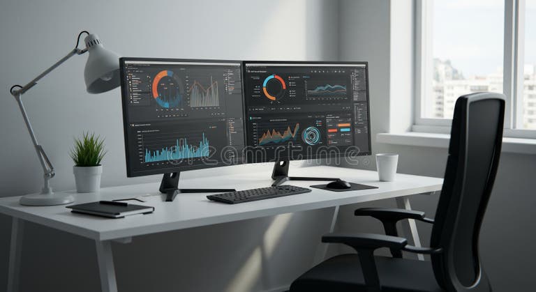 Modern Workstation with Dual Monitors Showing Data Analytics Dashboard ...